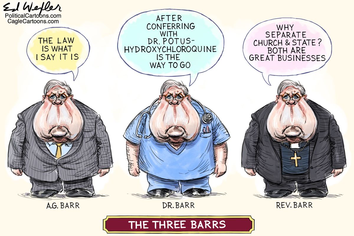 Political Cartoon U.S. William Barr contradicts himself sides with ...