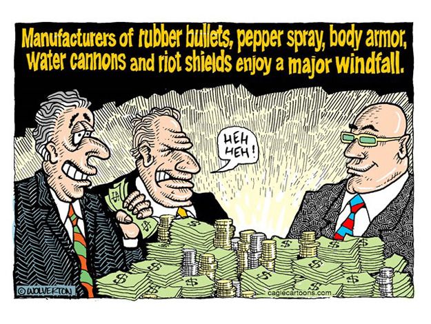 Editorial cartoon riot gear corporate windfall | The Week