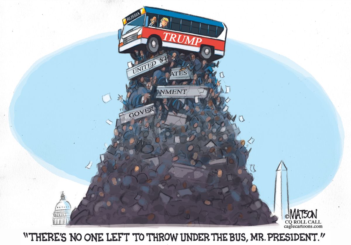Political cartoon U.S. Trump bus government FBI Russia investigation ...