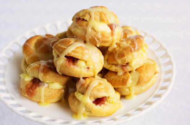 Rhubarb and custard profiterole stack | Dessert Recipes | GoodtoKnow