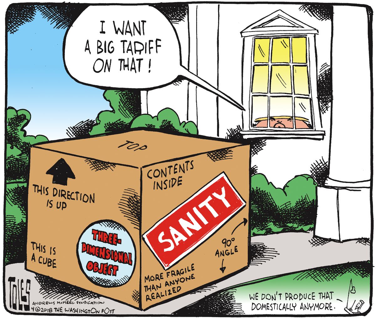 Political cartoon U.S. Trump China trade war imports tariffs sanity ...