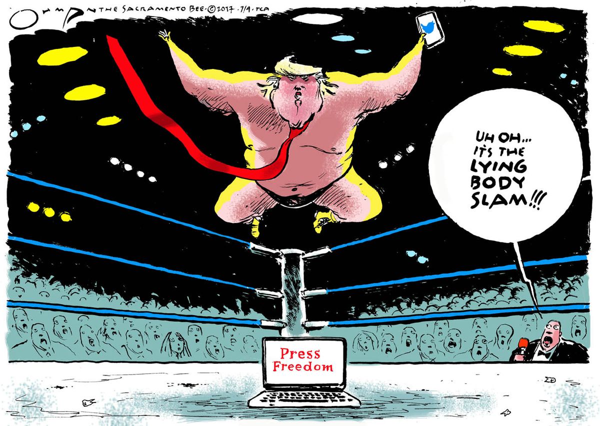 Political cartoon U.S. Trump tweets CNN body slam media press freedom ...