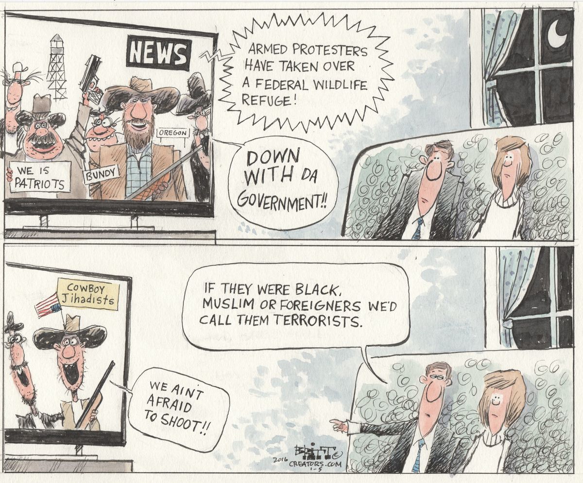 Editorial cartoon U.S. Bundy Militia Media | The Week