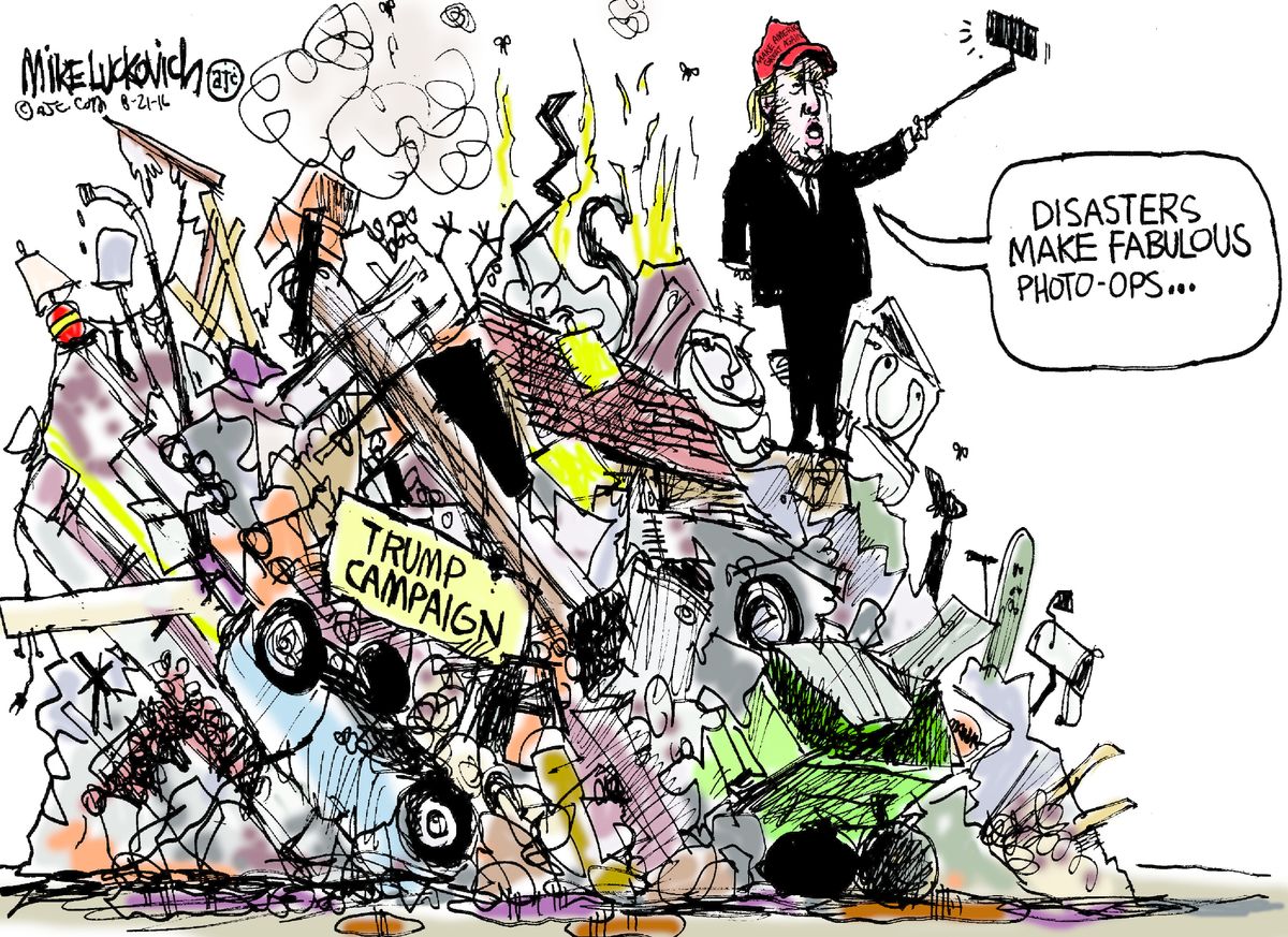 Political cartoon U.S. Donald Trump disaster campaign photo ops ...
