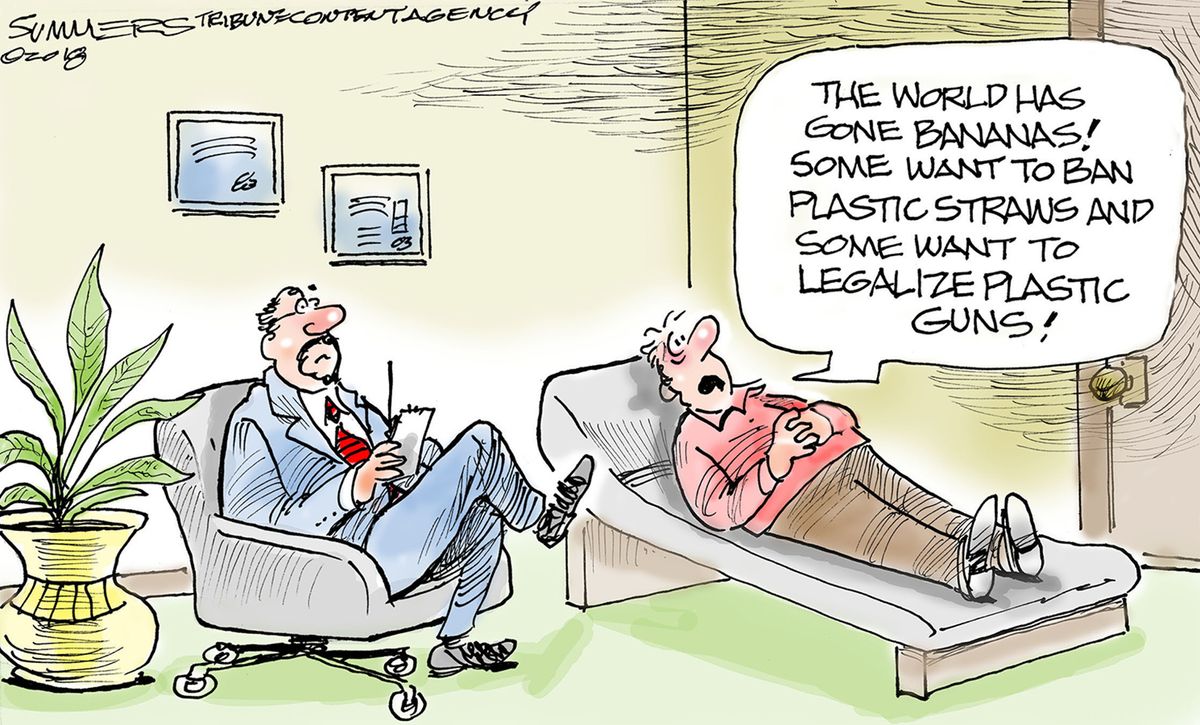 Editorial cartoon U.S. banning plastic straws legalizing plastic guns ...