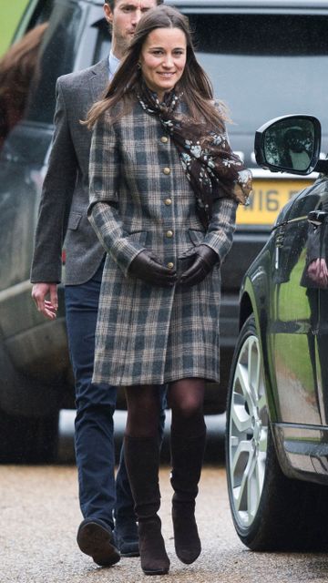 Pippa Middleton’s traditional checked coat and brown knee high boots ...
