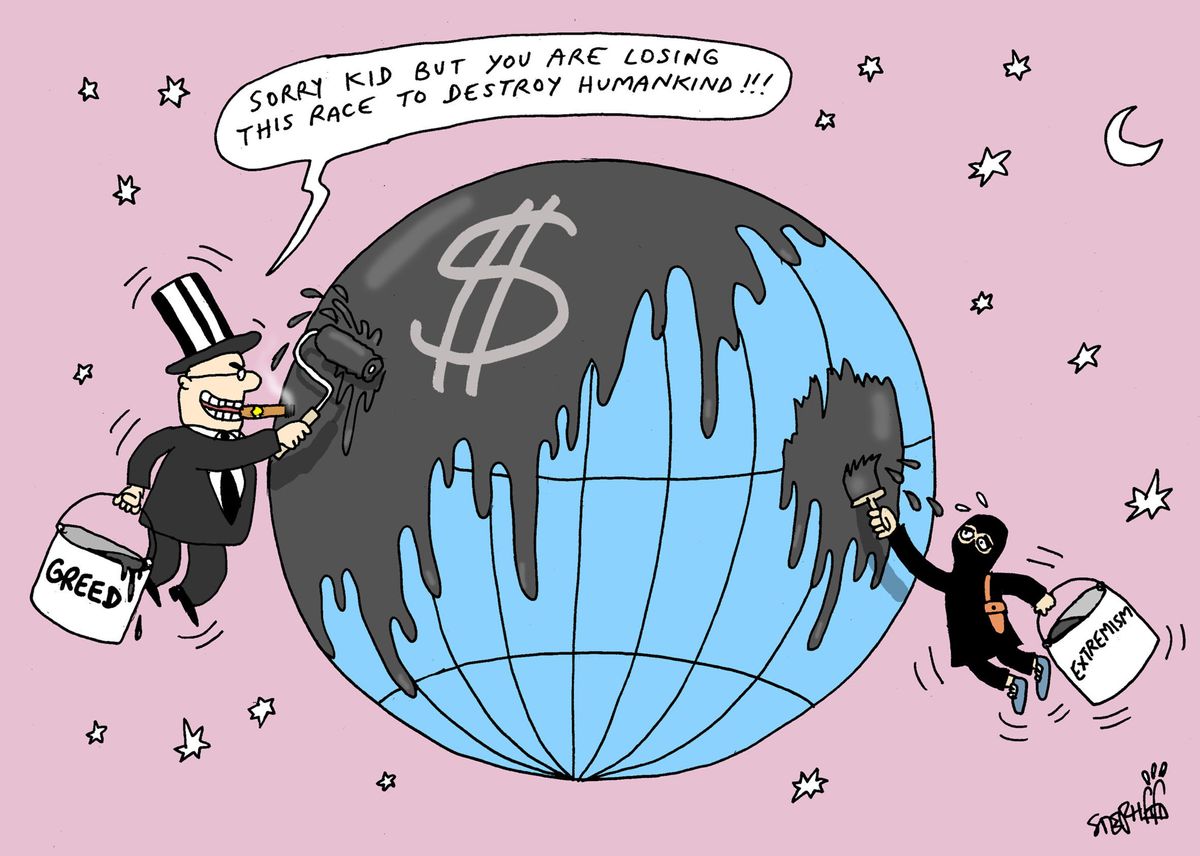 Political cartoon World Capitalism greed extremism terrorism | The Week