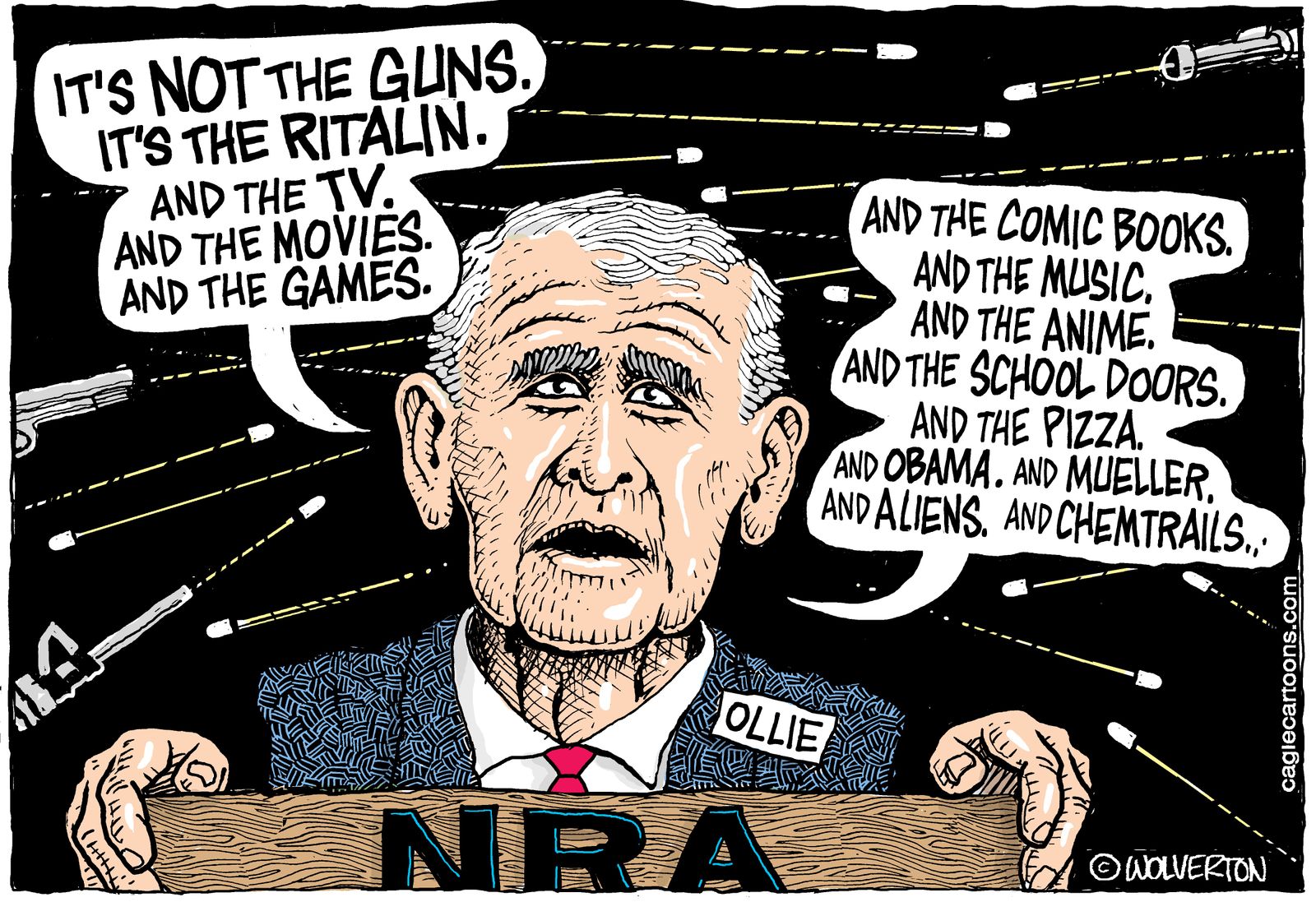 Political cartoon US NRA Oliver North gun control school shootings ...