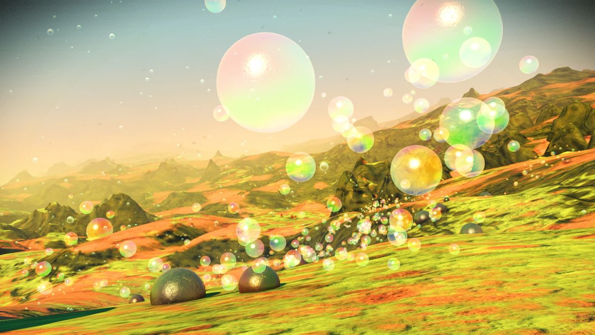 Here's a No Man's Sky bubble planet, and one covered with I don't even ...