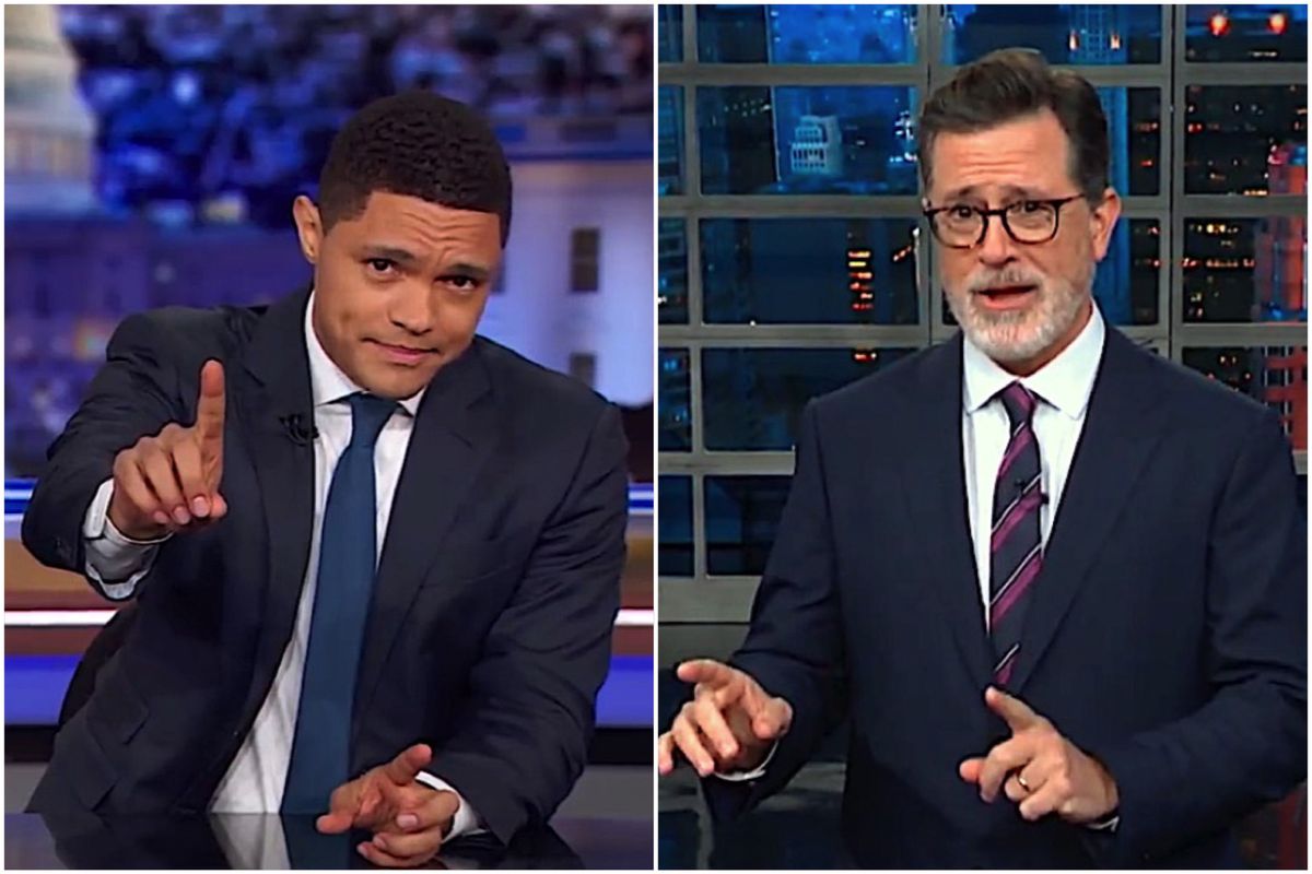 Stephen Colbert and Trevor Noah have a quizzical laugh at Brett ...