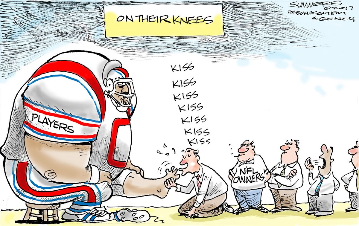 Political cartoon U.S. NFL kneeling owners | The Week