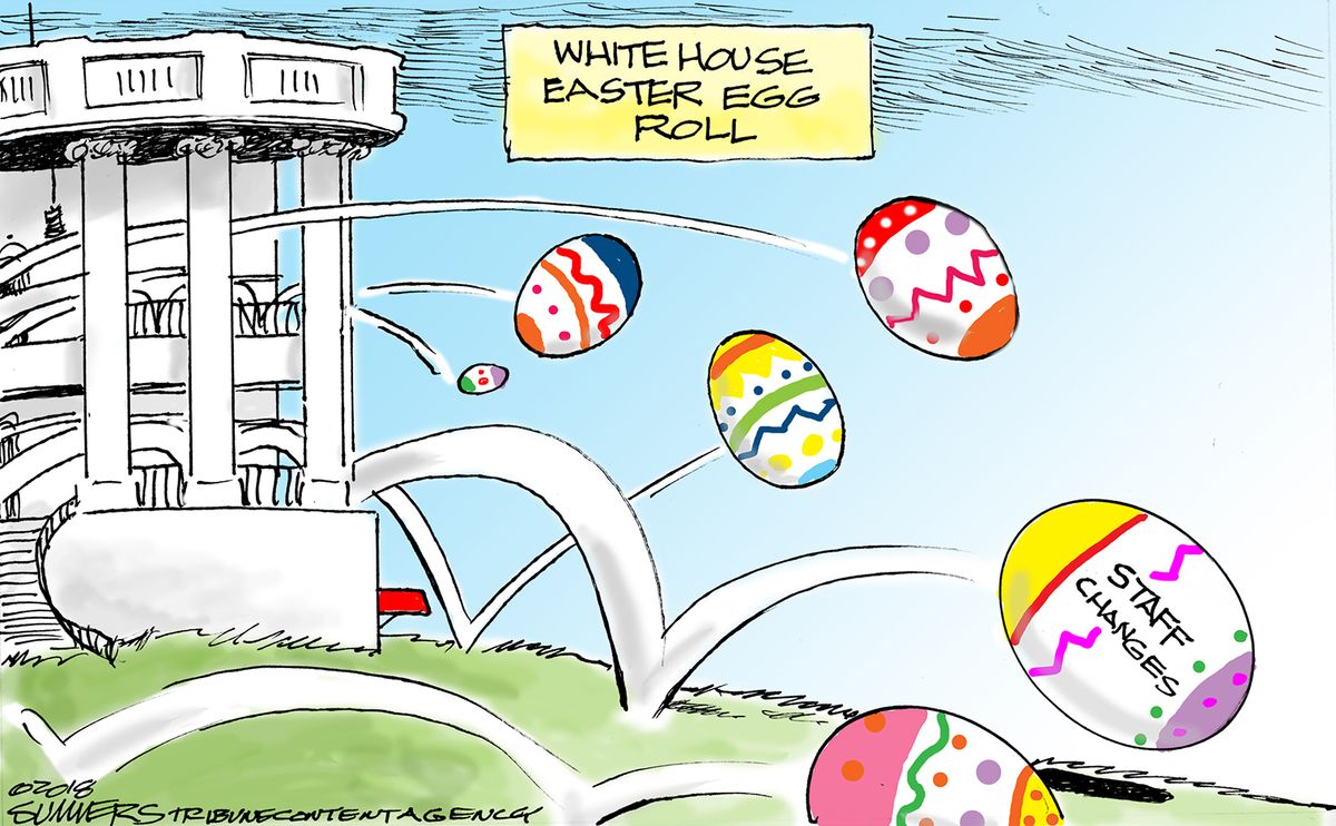 Political cartoon U.S. White House chaos revolving door Easter egg roll ...