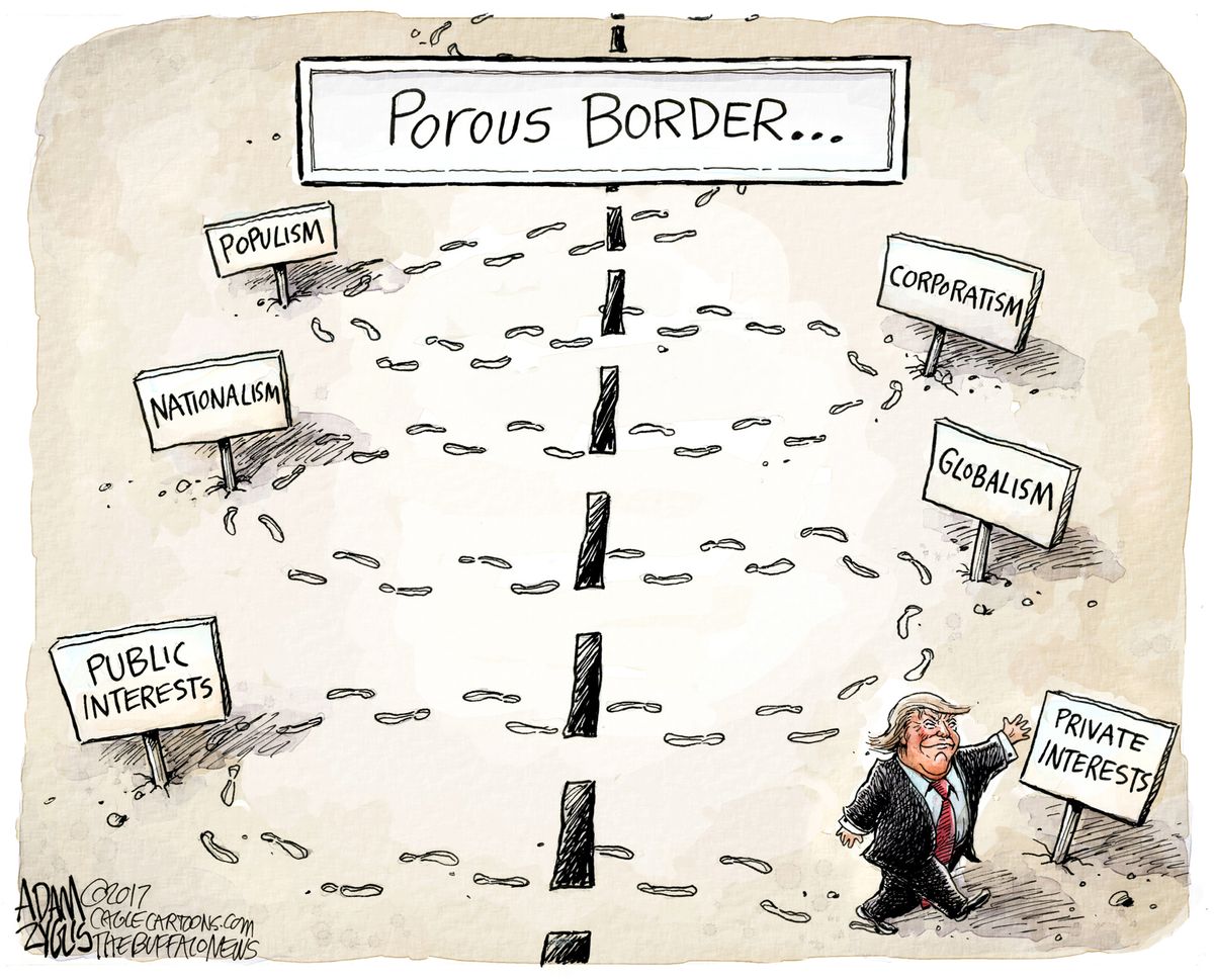 Political Cartoon U.S. President Trump flip-flop border wall ...