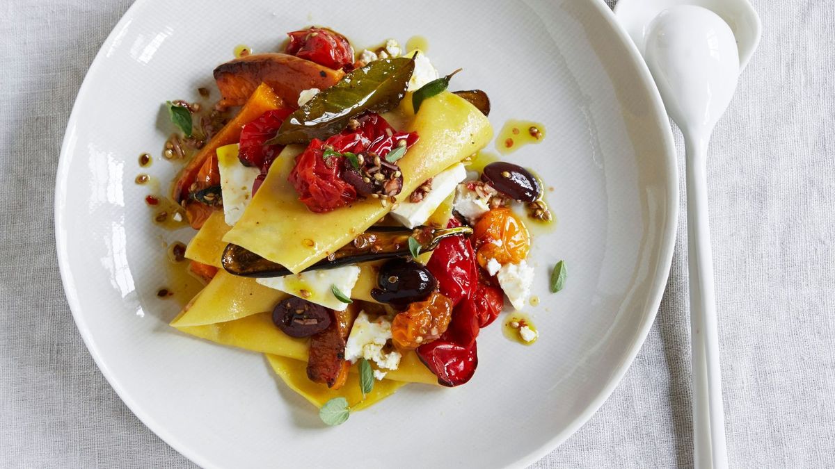 Open lasagne with roast Mediterranean vegetables, feta and oregano ...