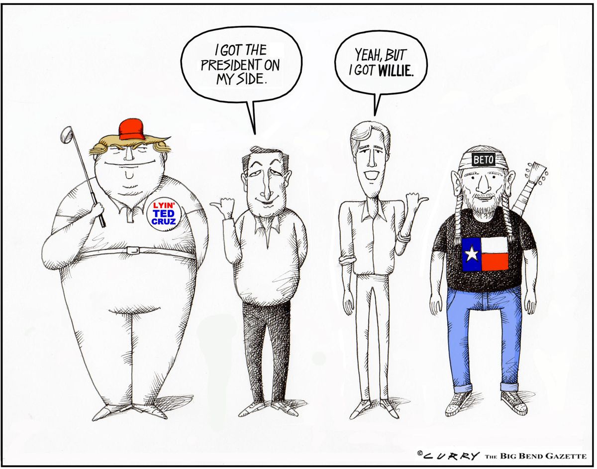 Political cartoon U.S. Texas Senate race Ted Cruz Trump Beto O'Rourke ...