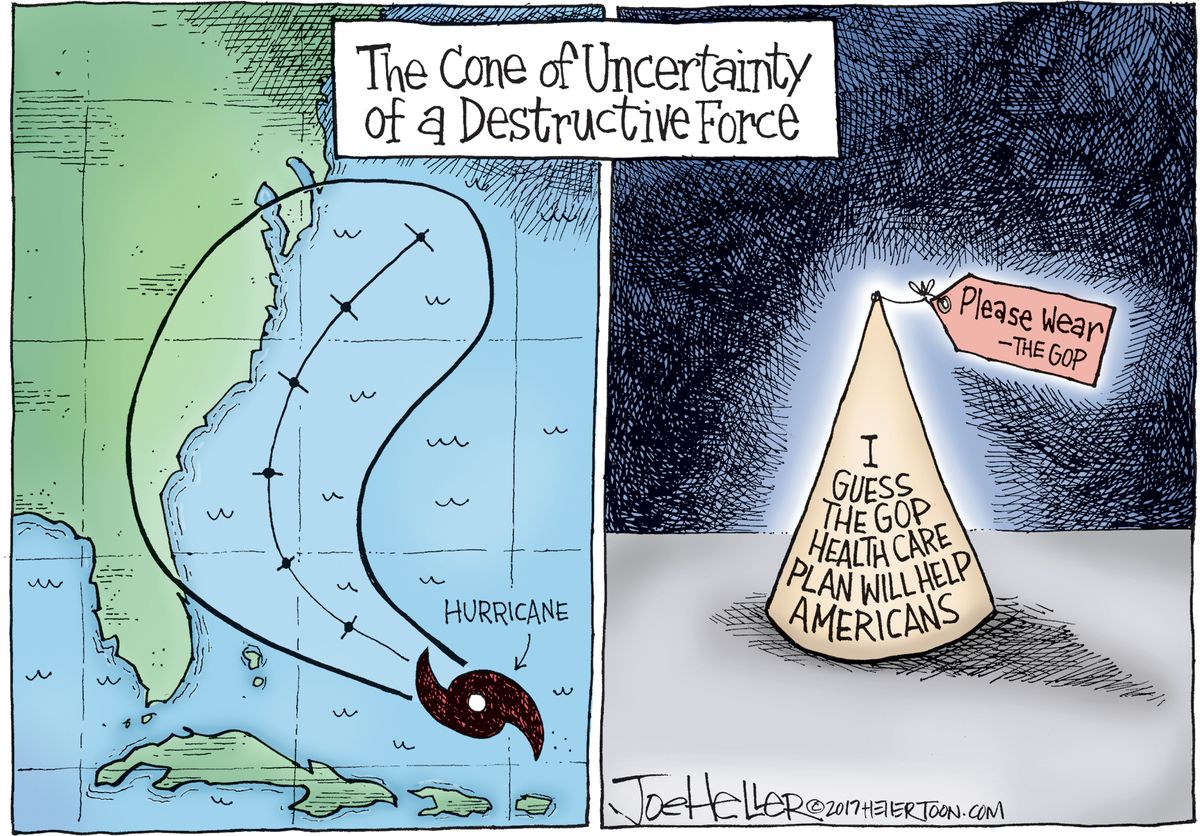 Political cartoon U.S. hurricanes GOP Obamacare repeal Graham Cassidy ...