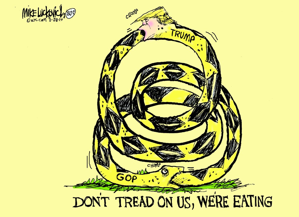Political Cartoon U.S. Don't tread on me GOP Trump destroy each other ...