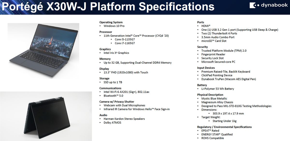 Dynabook launches 13-inch Portégé X30 laptops with Intel’s Tiger Lake ...