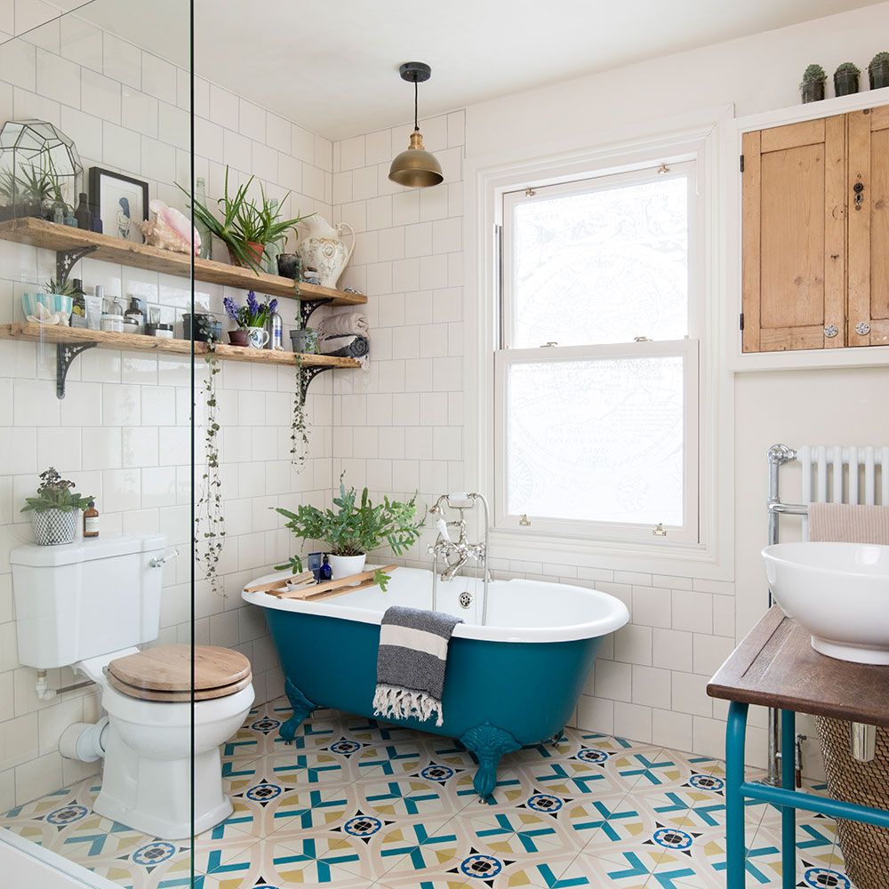 Bathroom makeover with upcycled vanity unit and matching blue floor ...