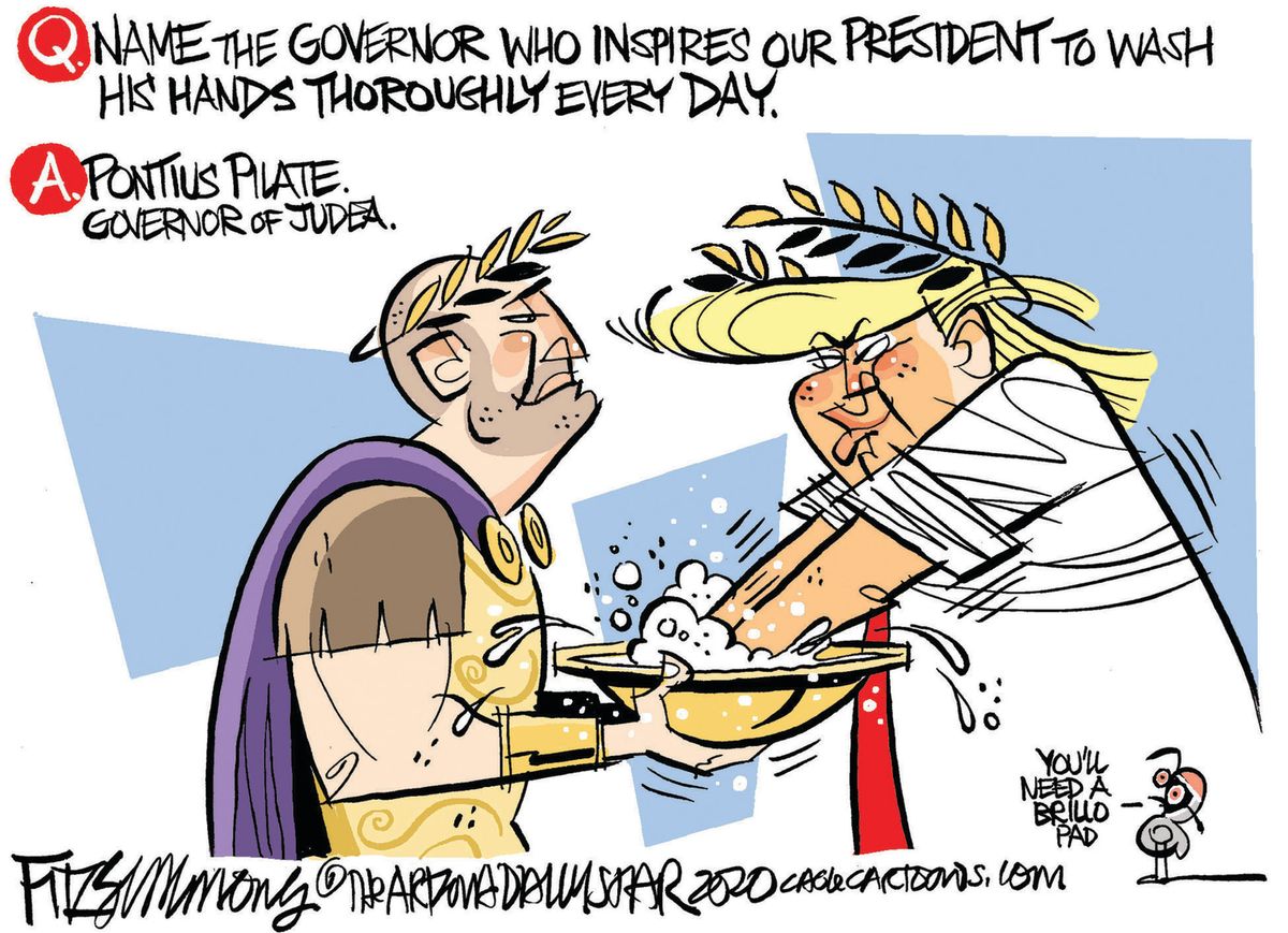 Political Cartoon U.S. Trump cleanses hands of responsibility ancient ...