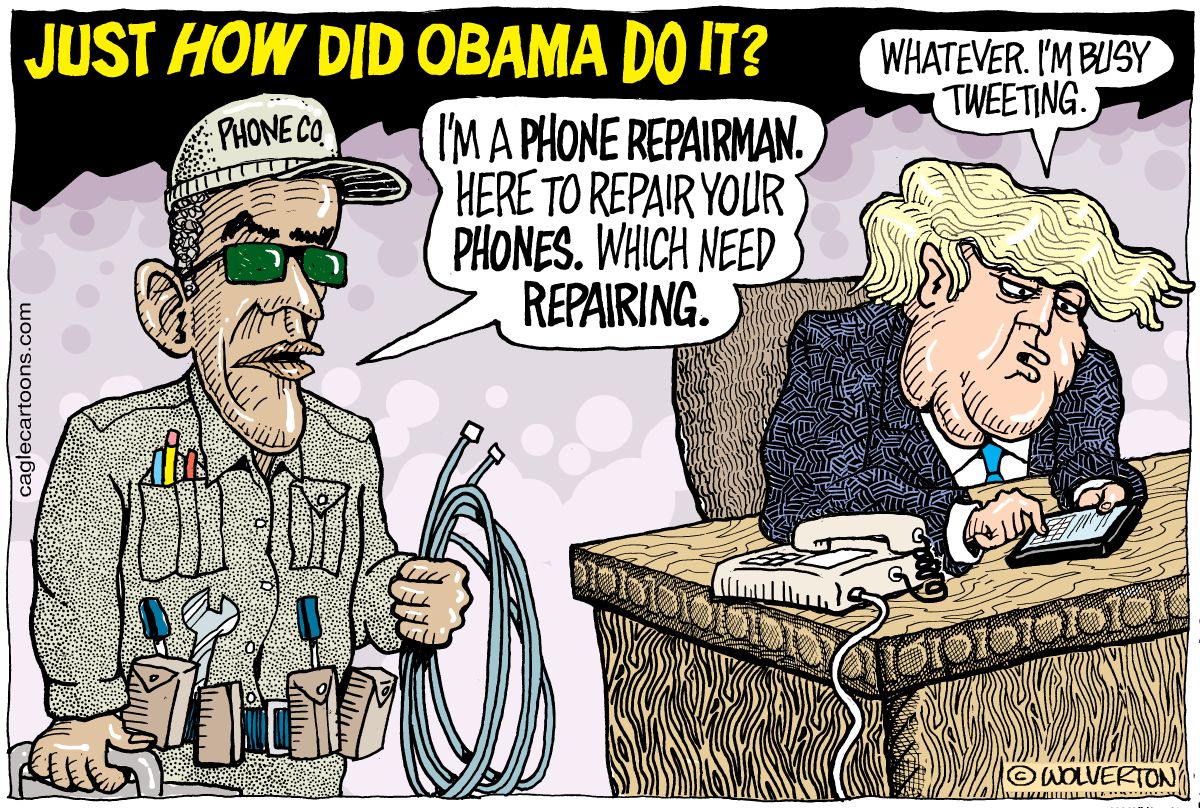 Political Cartoon U.S. Obama wire tap phone lines President Trump busy ...