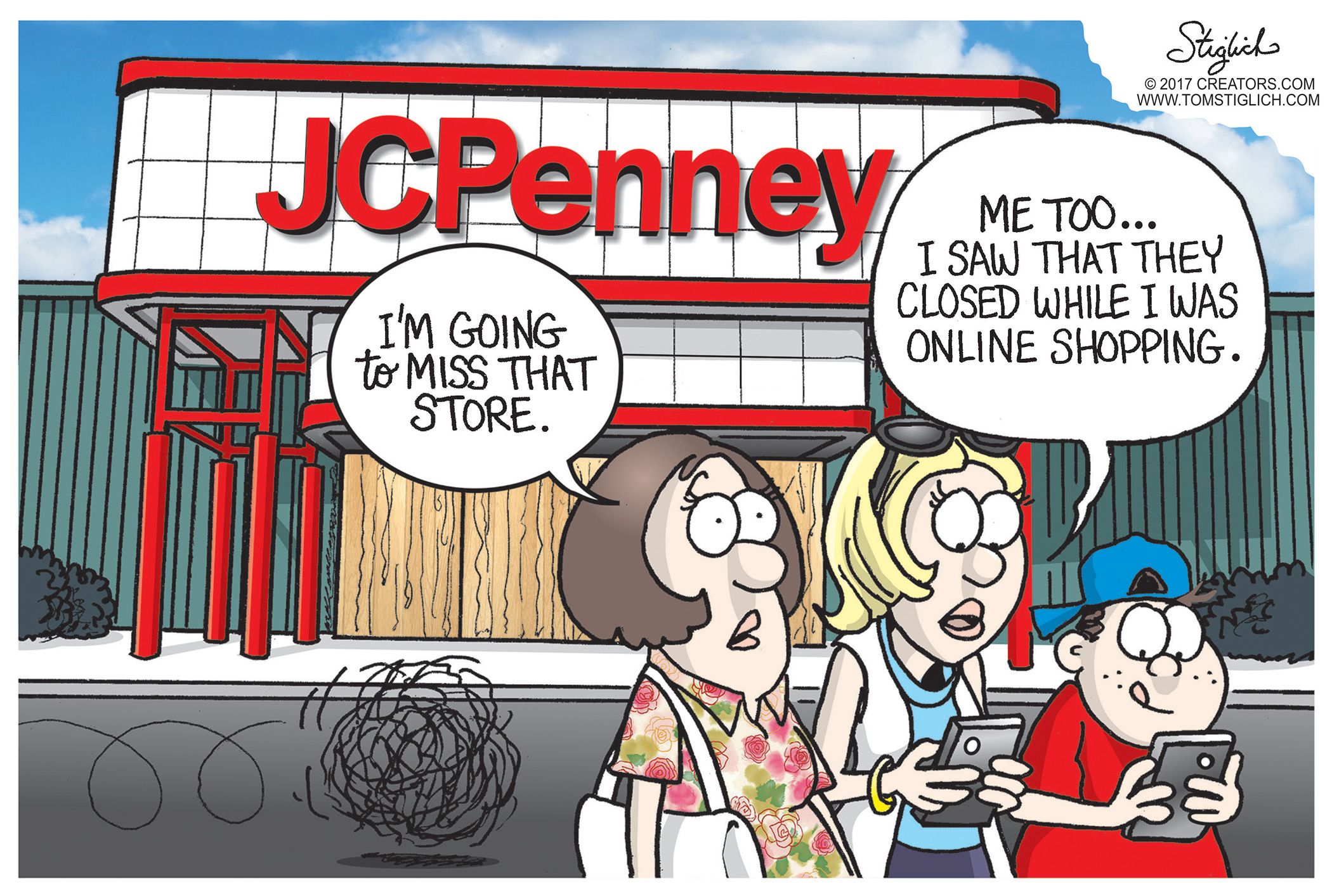 Political cartoon U.S. JC Penney store closing Amazon online shopping ...