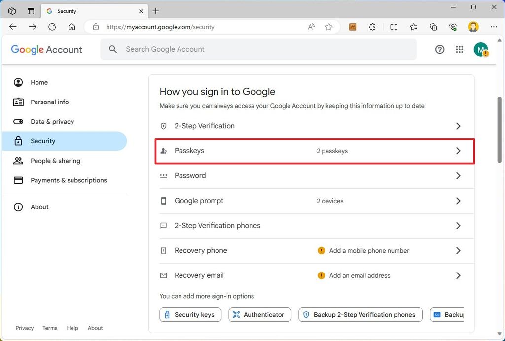 How to create a passkey for your Google account from Windows 11 ...