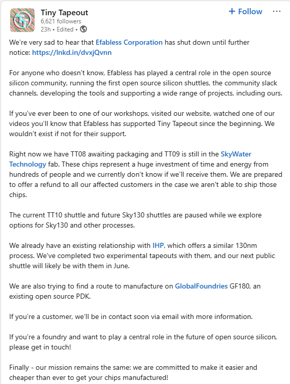 Efabless shuts down, fate of Tiny Tapeout chip production projects unclear | Tom's Hardware